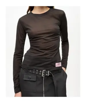 GANNI Sheer Mesh Long Sleeve Top - Phantom Black