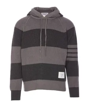 Thom Browne 4-bar Striped Knitted Drawstring Hoodie - Black