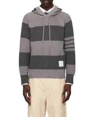 Thom Browne 4-bar Striped Knitted Drawstring Hoodie - Black