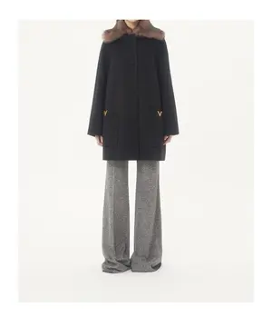 Valentino Garavani Logo Plaque Wool Coat With Fur Collar