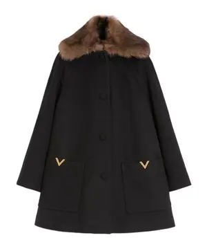Valentino Garavani Logo Plaque Wool Coat With Fur Collar - Black