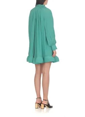 LANVIN Pleated Dress With Ruffled Collar And Hem - Blue