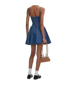 SELF-PORTRAIT Denim Flared Mini Dress With Diamanté Bows