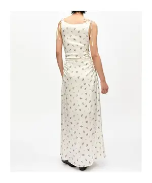 GANNI Satin Gathered Floral Print Maxi Dress - Egret