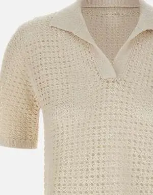 Eleventy Open-knit Short-sleeved Polo Top - Nude