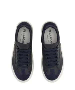 FERRAGAMO Gancini Embossed Round Toe Lace-up Sneakers - Navy Blue
