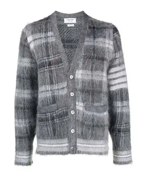 Thom Browne Textured Tartan V-neck Cardigan - Gray