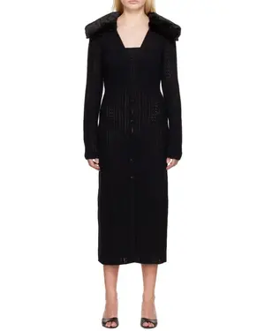 Blumarine Knitted Faux Fur Collared Midi Dress