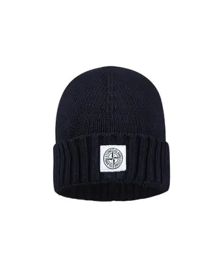 Stone Island Logo Patch Ribbed Knit Beanie - Black