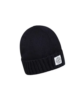 Stone Island Logo Patch Ribbed Knit Beanie - Black