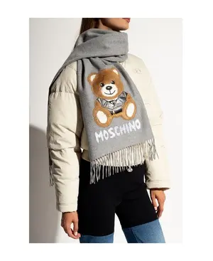 Moschino Brushed-logo Fringed Merino Scarf - Gray