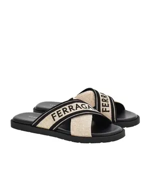 FERRAGAMO Cross-strap Slippers With Logo Detailing - Beige/black
