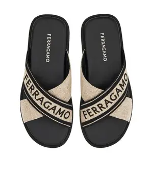 FERRAGAMO Cross-strap Slippers With Logo Detailing - Beige/black