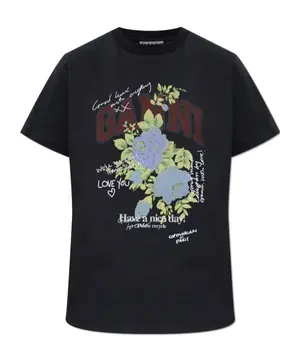GANNI Short Sleeve Floral Print T-shirt - Phantom Black