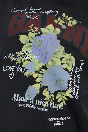 GANNI Short Sleeve Floral Print T-shirt - Phantom Black