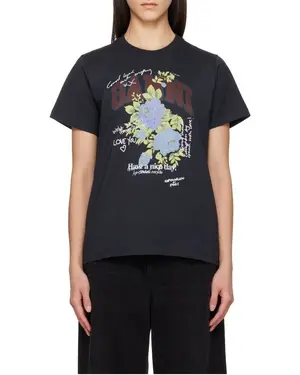 GANNI Short Sleeve Floral Print T-shirt - Phantom Black