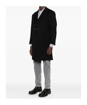 Kiton Double-breasted Long Sleeve Coat With Peak Lapels - Black