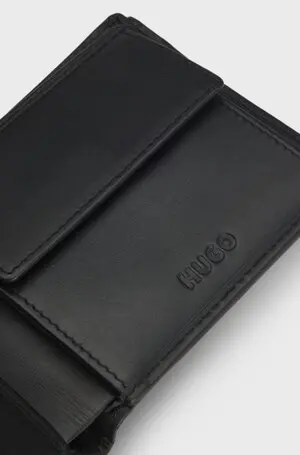 Hugo Boss Leather Wallet With Red Stacked Logo And Coin Pocket