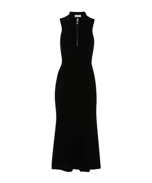 Victoria Beckham Sleeveless Ribbed Knit Collared Zipper Dress - Black