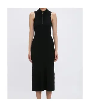 Victoria Beckham Sleeveless Ribbed Knit Collared Zipper Dress - Black
