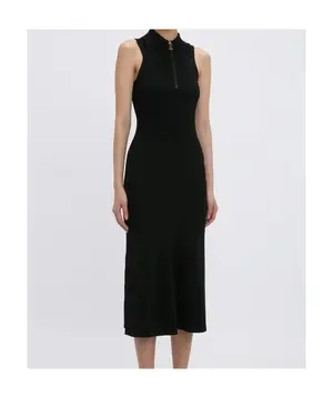 Victoria Beckham Sleeveless Ribbed Knit Collared Zipper Dress - Black
