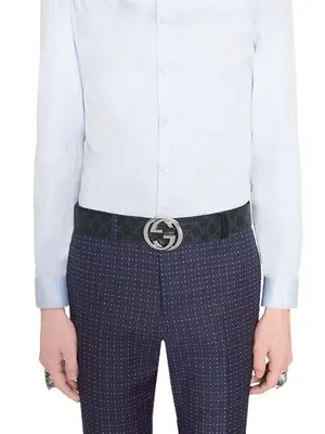 Gucci Gg Supreme Canvas Belt With Interlocking G Buckle - Black