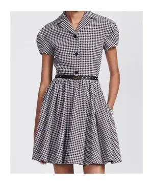 Dior Houndstooth Puff Sleeve Flared Dress