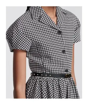 Dior Houndstooth Puff Sleeve Flared Dress