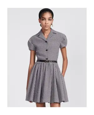 Dior Houndstooth Puff Sleeve Flared Dress