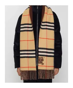 Burberry Wide Reversible Check Fringed Scarf - Sand