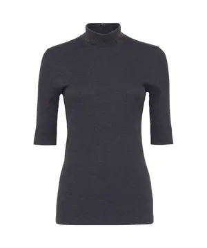 Brunello Cucinelli High-neck Half-sleeve Ribbed Jumper With Monili Chain Detail
