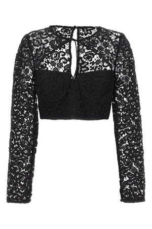 SELF-PORTRAIT Lace Cropped Top With Corset Neckline And Tie Detail - Black