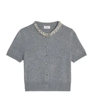 Celine Embroidered Cropped Cashmere Cardigan - Gray
