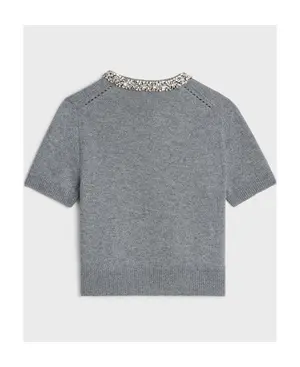Celine Embroidered Cropped Cashmere Cardigan - Gray