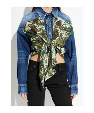 Dsquared2 Monkey Business Cropped Denim Shirt With Tropical Motifs