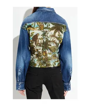 Dsquared2 Monkey Business Cropped Denim Shirt With Tropical Motifs