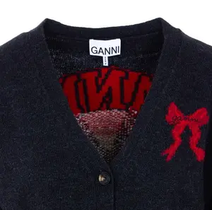 GANNI V-neck Knitted Cardigan With Bow Detail - Phantom Black