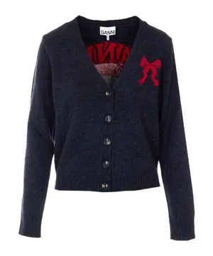 GANNI V-neck Knitted Cardigan With Bow Detail - Phantom Black