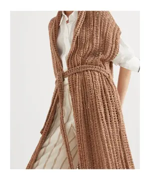 Brunello Cucinelli Long Openwork Rib Cardigan With Ring Belt