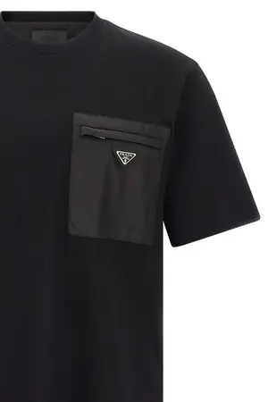 Prada Re-nylon And Jersey T-shirt With Zippered Pocket - Black