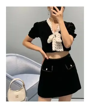 Miu Miu Velvet Cropped Blouse With Polka Dot Scarf Collar