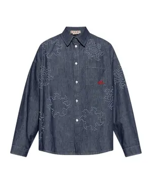 Marni Frayed Pattern Oversized Chambray Shirt - Blue