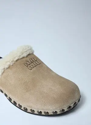 Miu Miu Suede Shearling Lined Clogs With Stud Embellishments