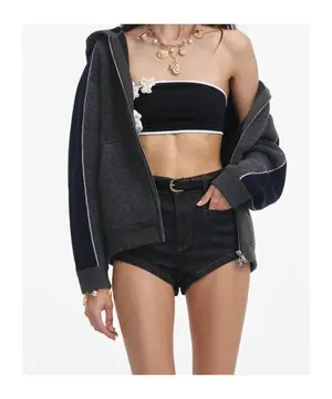 SELF-PORTRAIT Ribbed Knit Full Zip Hoodie