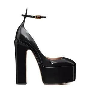 Valentino Garavani Tan-go Round Toe Platform Pumps With Vlogo Buckle - Black