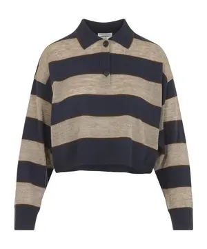 Brunello Cucinelli Striped Cropped Knit Polo Shirt - Black