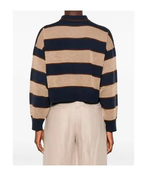 Brunello Cucinelli Striped Cropped Knit Polo Shirt - Black