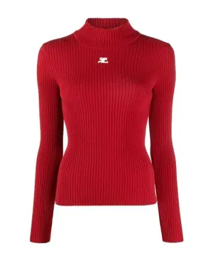 COURREGES Courrèges High Neck Ribbed Knit Jumper With Logo Detail - Red
