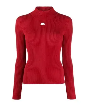 COURREGES Courrèges High Neck Ribbed Knit Jumper With Logo Detail - Red