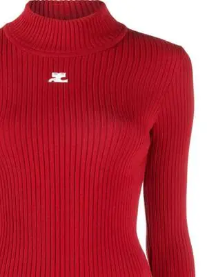 COURREGES Courrèges High Neck Ribbed Knit Jumper With Logo Detail - Red